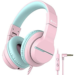 iClever HS19 Kids Headphones with Microphone for School, Volume Limiter 85/94dB, Over-Ear Girls Boys Headphones for Kids with Shareport, Foldable Wired Headphones for iPad/Travel (Pink)