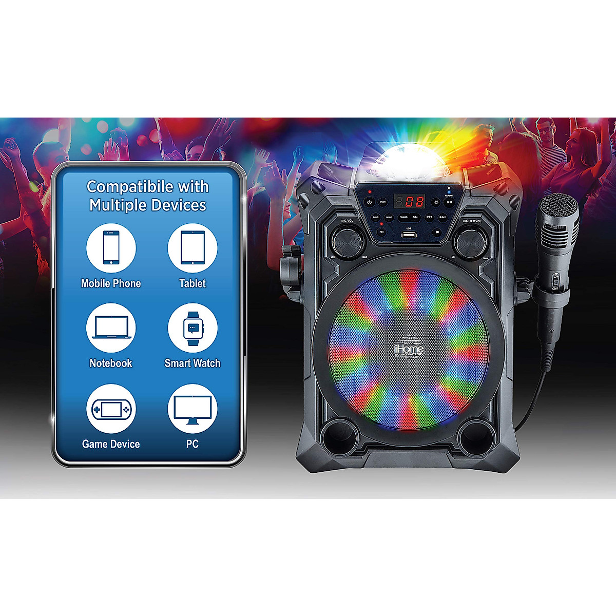 iHome Karaoke Machine with Bluetooth Speaker and Wired Microphone Designed for Kids and Adults, Includes USB Recording Feature and Party Lights