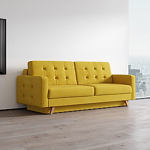 MEBLE FURNITURE & RUGS Vegas Futon Sofa Bed, Queen Sleeper with Storage, Yellow