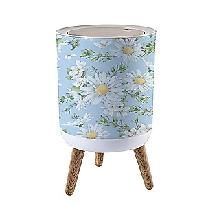 LGCZNWDFHTZ Small Trash Can with Lid for Bathroom Kitchen Office Diaper Seamless Daisies Wildflowers Watercolor Style Bedroom Garbage Trash Bin Dog Proof Waste Basket Cute Decorative