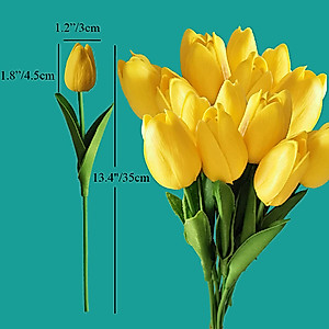BOMJJOR 20 Heads Tulips Artificial Flowers Real Touch Tulips Silk Artificial Tulips Flower Bouquet for Room Centerpiece Party Wedding Office Garden Home Decor 13.4" Authentic PU Tulips (Yellow)