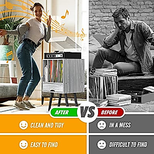 WASAIT Record Player Stand Vinyl Record Storage Table with Drawer Record Display Turntable Stand with Wood Legs 3-Tiers Vinyl Holder Cabinet for Living Room Bedroom Grey