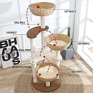 54" Modern Cat Tree Tower for Large Cats, 3Cat Nests Manual Hand Woven Multilevel Huge Paws Pals Cat Tree, Wood Cat Tower, Cat Scratching Tree, Cat Condo, Cat Lover Gift, Real Branch Luxury Cat Condo