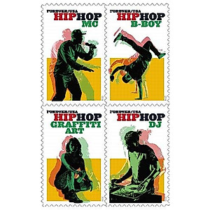 Hip Hop (MC with Microphone Rapping, B-Boy Dancing, Graffiti Art, DJ with Turntable) (Sheet of 20) Forever Postage Stamps Celebrating Electrifying Music Dance Art Movement 2020 Scott #5480-5484