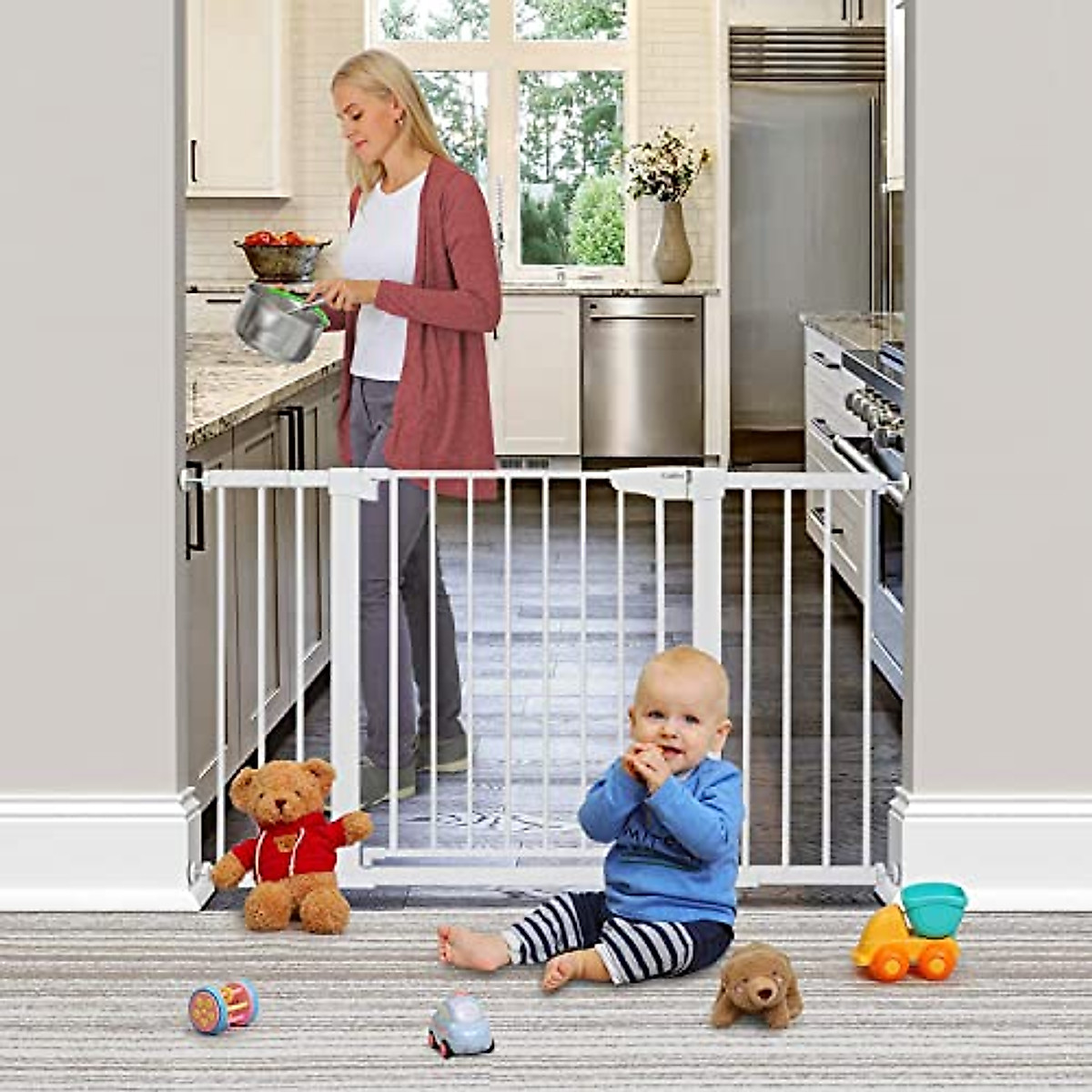 Mom's Choice Awards Winner-Cumbor 29.7"-51.5" Baby Gate Extra Wide, Easy Walk Thru Dog Gate for The House, Auto Close Safety Pet Gates for Stairs, Doorways, Child Gate Includes 4 Wall Cups,White