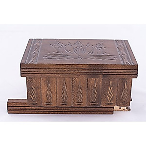 Kalotart Jewelry and Secret Box 2 in 1 - Handmade Wooden Case with Hidden Key and Removable Compartments - Beautiful Classical Wooden Carved Jewelry Lock Box (All brown)