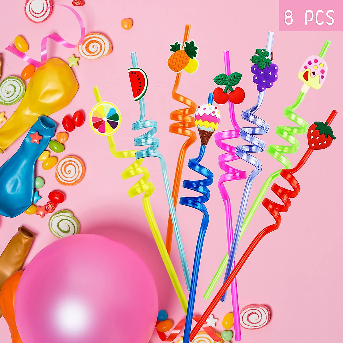 Ynaize 8 Pieces Resuable Plastic Straws Ice Cream Fruit Party Straws Kids Girls Boys Summer Hawaiian Party Supplies Crazy Straws Birthday Party Favors Decorations