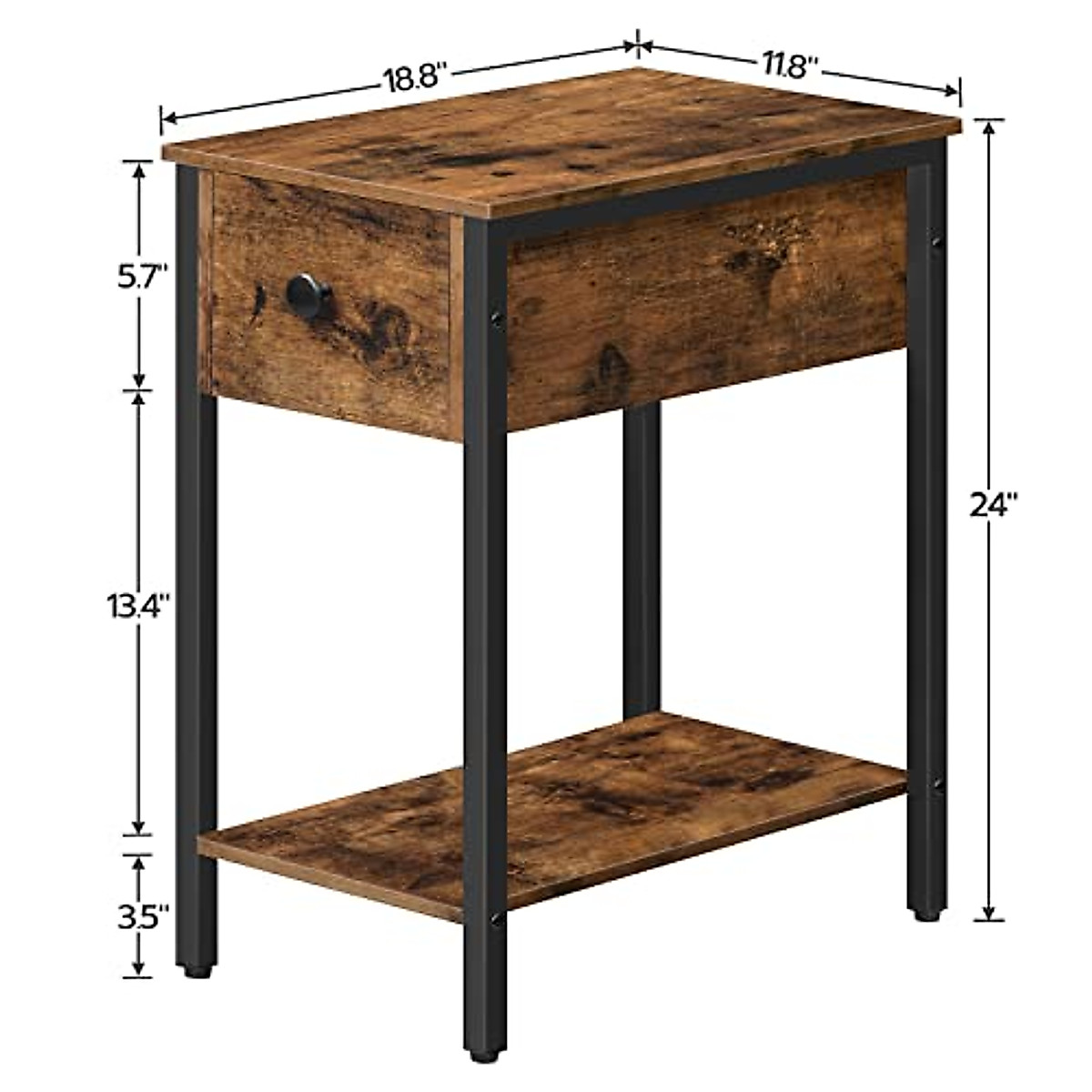 HOOBRO Side Table, 2-Tier Nightstand with Drawer, Narrow End Table for Small Spaces, Stable and Sturdy Construction, Coffee Table with Metal Frame, Rustic Brown and Black BF048BZ01