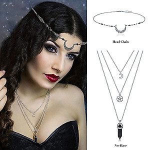 MJartoria Moon Pentagram Necklace with Headwear Pentacle Crystal Chakra Pendant Layered Necklaces for Women Choker Necklace Gothic Jewelry Goth Accessories (Dark Blue, Moon Pentagram)