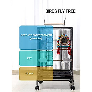 33 Inch Wrought Iron Bird Cage with with Play Open Top and Rolling Stand for Mid-Sized Parrots Cockatiels Sun Parakeets Green Cheek Conures (White)