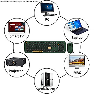 Colorful Wireless Computer Keyboards Mouse Combos, UBOTIE Polychrome Round Keycaps Retro PC Keyboards 2.4GHz Radio Frequency Connection with Optical Mouse(Green-Black)