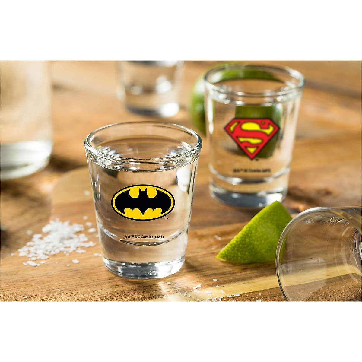 DC Comics Justice League Shot Glass Set - 2 oz. Capacity - Set of 4 Shot Glasses - Superman, Batman, Wonder Woman, Flash Clear