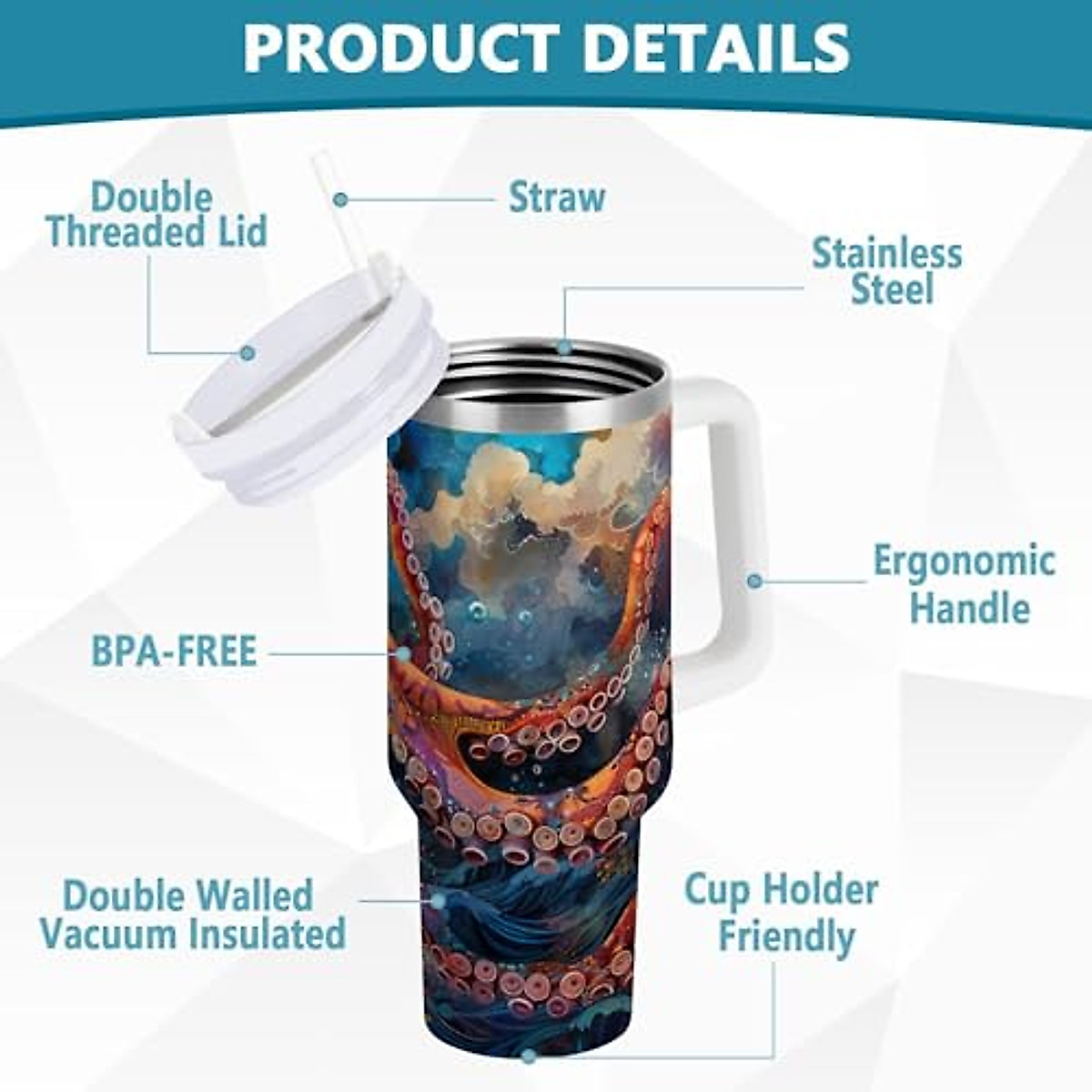 Blueangle 40 oz Red Octopus Tumbler with Handle and Straw Lid, Insulated Cup Reusable Stainless Steel Water Bottle Travel Mug