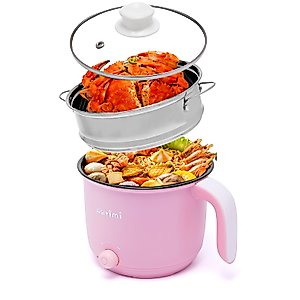 Wxvimi Hot Pot Electric,Electric Noodle Pot,Non-Stick Electric Cooking Pot,Rapid Noodles Cooker,1.8L Electric Ramen Cooker with Steamer,Suitable for Pasta,Dumplings,Soup,Steak.(Rotary switch) Red
