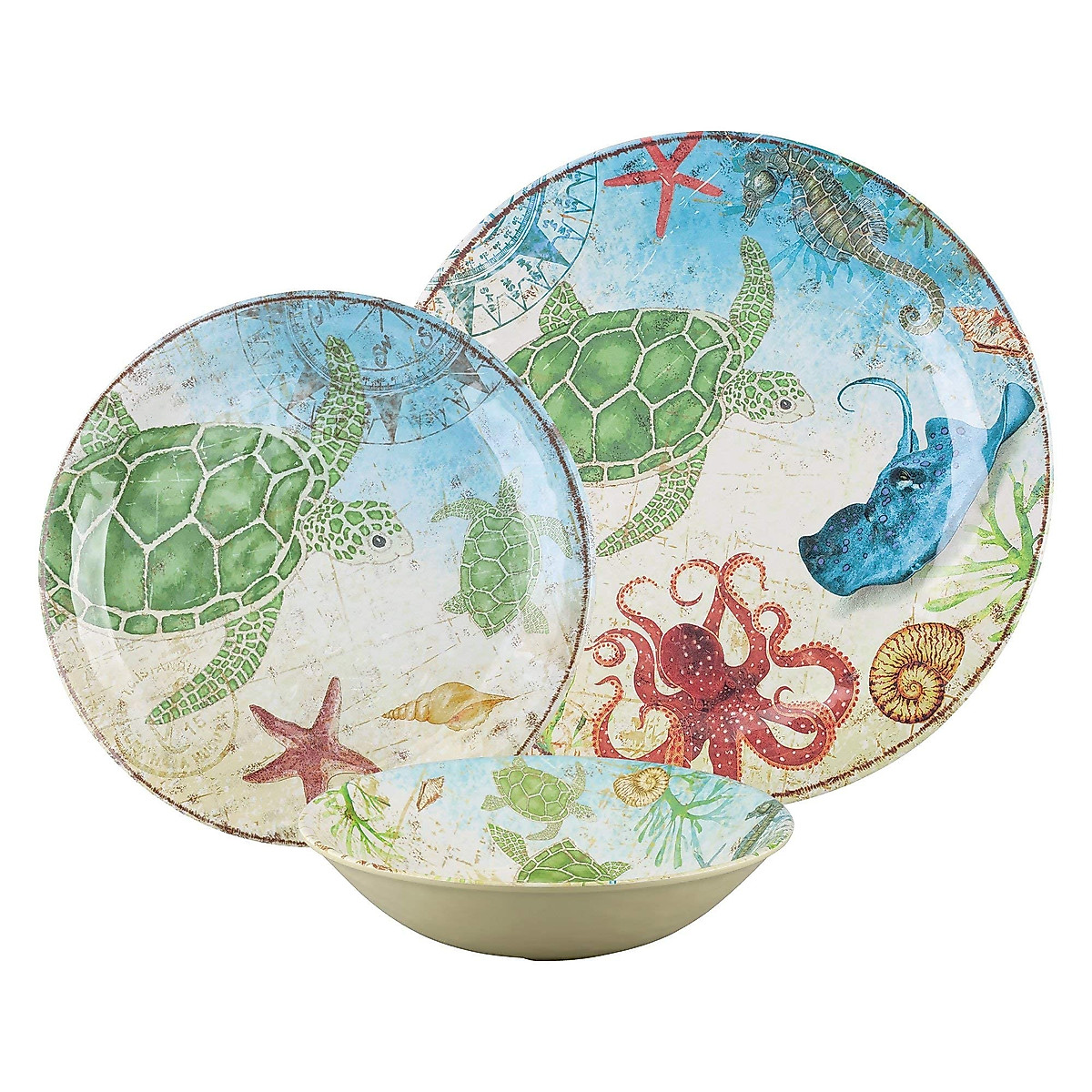 UPware 12-Piece Melamine Dinnerware Set, Includes Dinner Plates, Salad Plates, Bowls, Service for 4. (Sea Turtle)