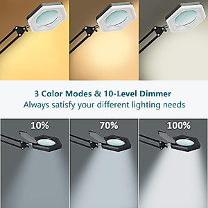 Psiven Magnifying Glass with Light and Stand, Dimmable LED Magnifier Desk Lamp with Clamp, 3 Color Modes, Hands Free Magnifying Lights for Close Work, Repair, Swing Arm Magnifying Work Light with Base