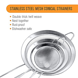 U.S. Kitchen Supply - Set of 3 Premium Quality Extra Fine Twill Mesh Stainless Steel Conical Strainers - 3", 4" and 5.5" Sizes - Chinois to Sift, Strain, Drain and Rinse Vegetables, Pastas & Teas