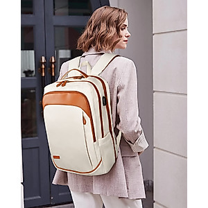17 inch Travel Laptop Backpack for Women, TSA Friendly 40L Large Computer Backpack with USB Charging Port, Anti Theft Business Backpack Waterproof Carry on Daypack School College Bookbag, Beige