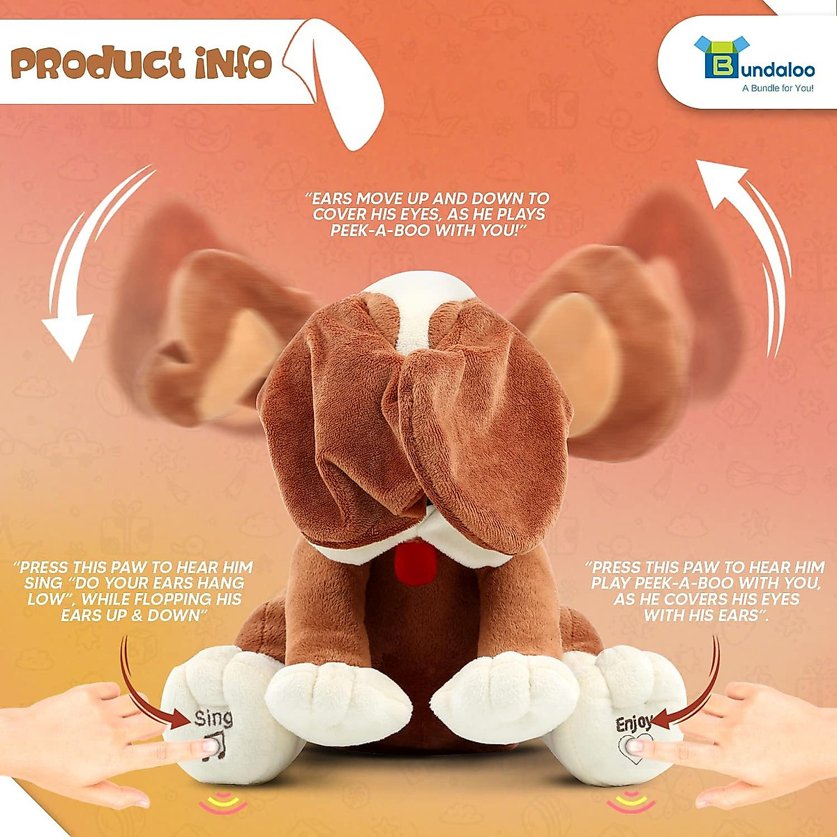 Bundaloo Animated Plush Peek A Boo Singing Dog with Floppy Ears | Plays Peek-A-Boo with Ears & Sings Do Your Ears Hang Low