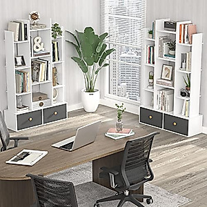 Unikito Bookshelf with 2 Drawers Free Standing Bookcase, Office Storage Shelf Organizer with 12 Open Bookshelves, Industrial Wood Book Case Display Rack for Bedroom, Living Room, Home Office, White