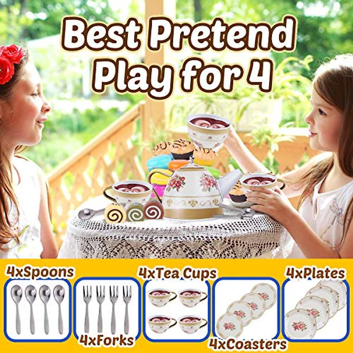 Cheffun Tea Set for Little Girls - Tea Party Pretend Play Kitchen Set Sweet Princess Accessories Plastic Tea Cups Dishes Play Food Macaroons Cake Set Stands Play Set for Toddlers Kids Ages 3 4 5 6 7+