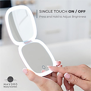 Mavoro LED Lighted Travel Makeup Mirror, Rechargeable, 1x/10x Magnification - Daylight LED, Pocket or Purse Mirror, Small Travel Mirror. Folding Portable Mirror, Touch Sensor, USB (Heavenly Pink)