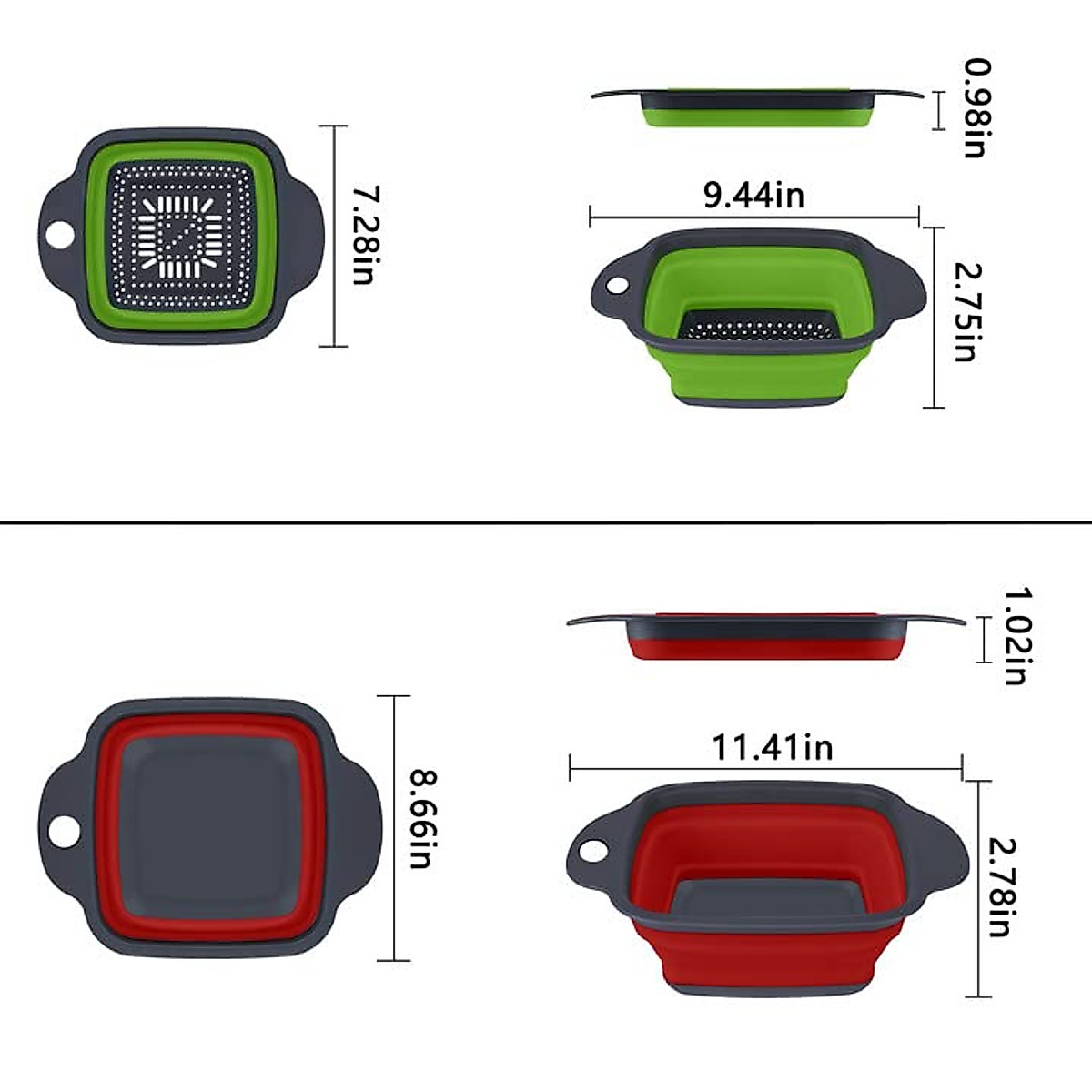 QiMH Collapsible Colanders Set of 3-1 PC 4 Quart Colander 1 PC 4 Quart Folding Basin and 1 PC 6 Quart(1.5 gal) Over the Sink Extendable Colander, Space-save Silicone Kitchen Foldable Food Strainer