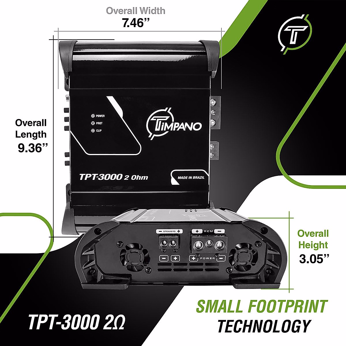 Timpano TPT-3000 2 Ohm Compact Amplifier 3000 Watts, 1 Channel, Full Range Amp Class D for The Installation of Car Speakers, Loudspeakers, Drivers and Tweeters on Car Audio Systems