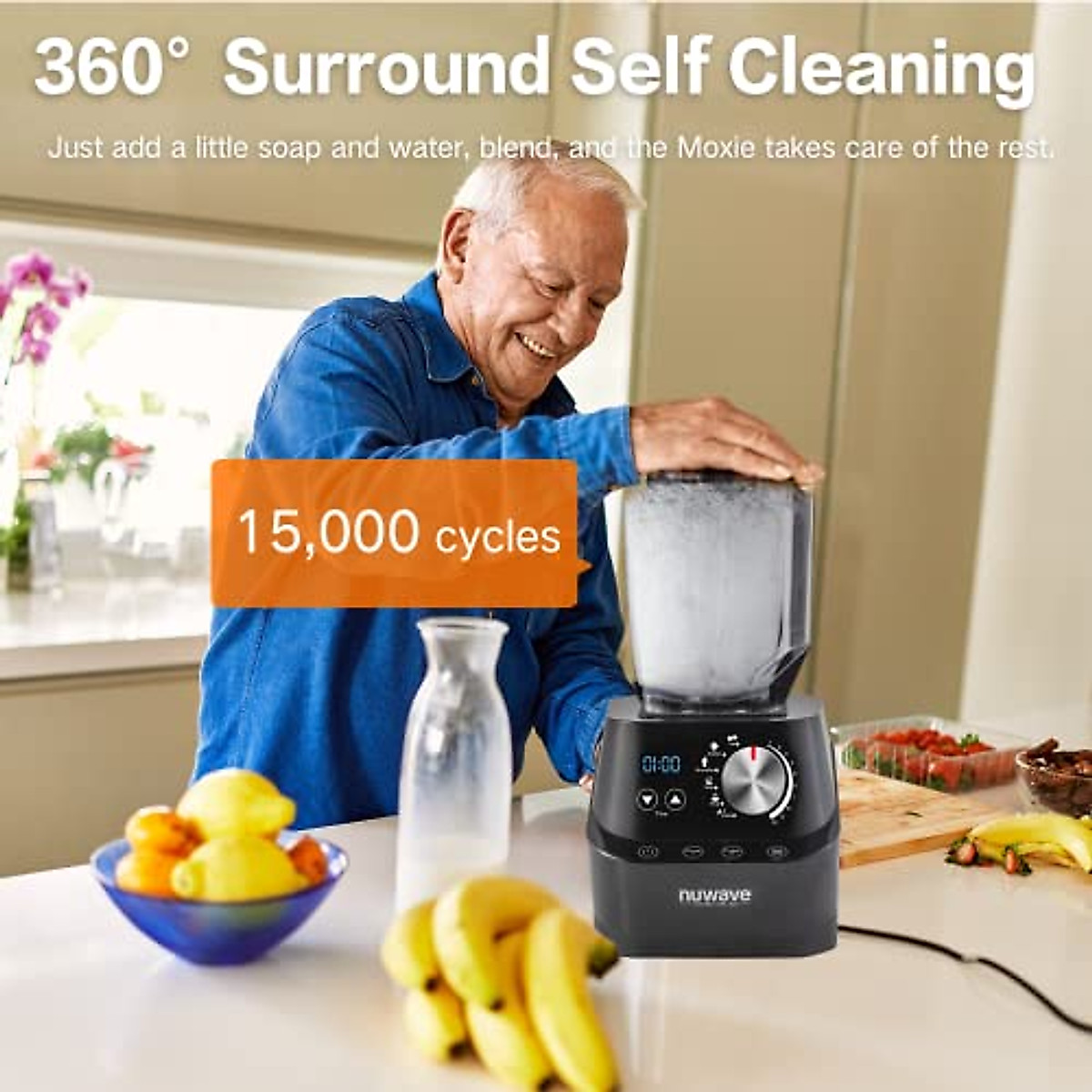 NUWAVE Infinity Moxie 64oz Blender – Professional Grade, Self-Cleaning - 6 presets & 10 Speed Settings for Shakes, Smoothies, Nut Butters, Crushed Ice & More – Comes w/Plunger & Scraper