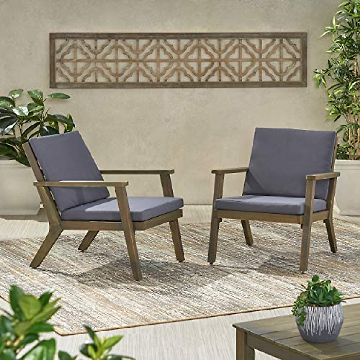 Christopher Knight Home Carlos Outdoor Acacia Wood Club Chairs with Cushions (Set of 2), Gray Finish, Dark Gray