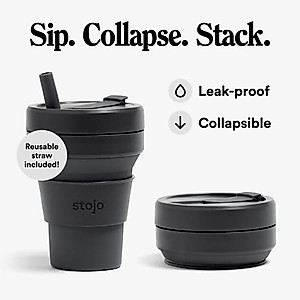 STOJO Collapsible Travel Cup With Straw - Carbon, 16oz / 470ml - Reusable To-Go Pocket Size Silicone Bottle for Hot and Cold Drinks - Perfect for Camping and Hiking - Microwave & Dishwasher Safe