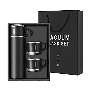 Coffee Thermos Stainless Steel Vacuum-Insulated Water Bottle, 500ml/16.9oz Insulated Bottle with Cup for Hot & Cold Drink Travel Mug (Black, Three Cup)