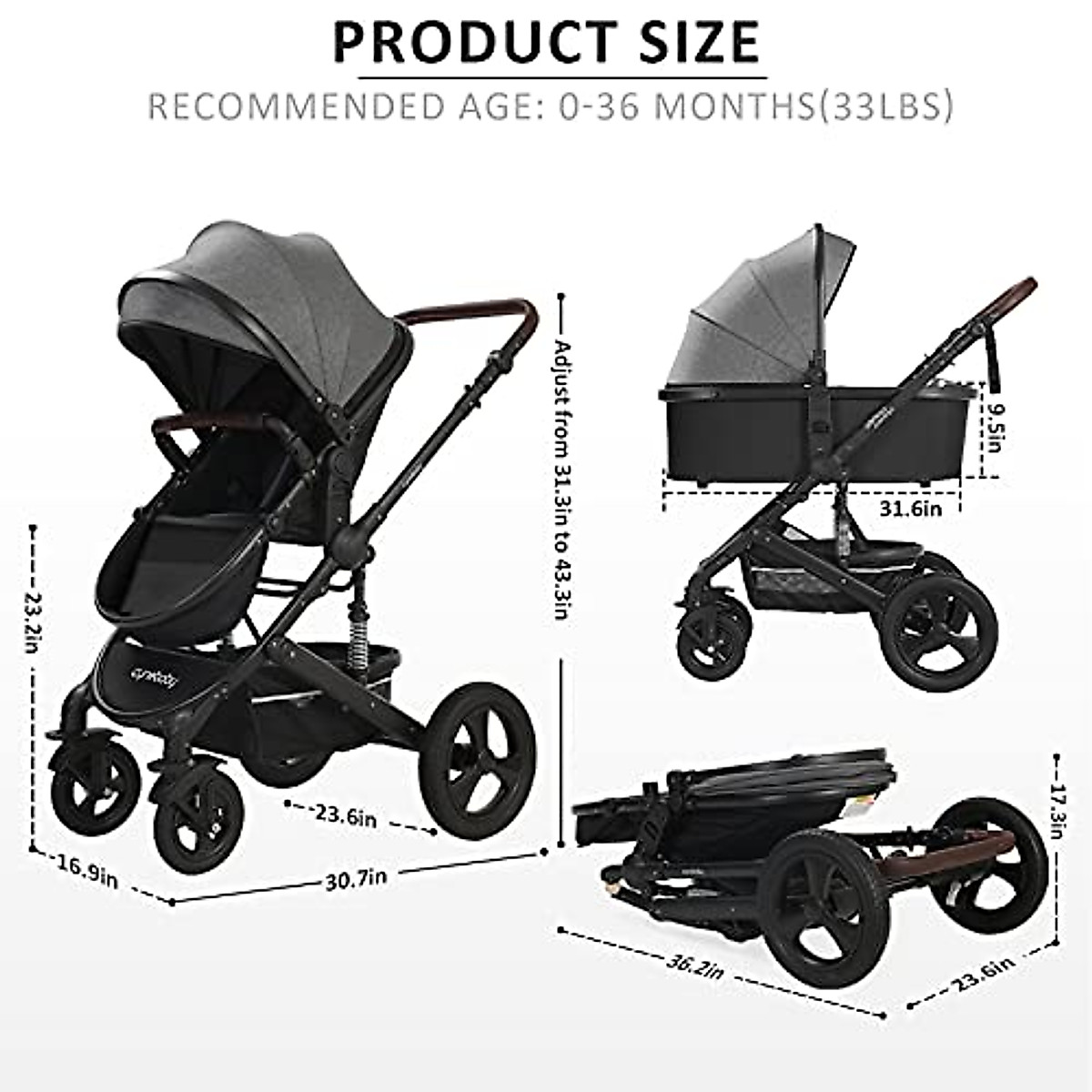 Newborn Infant Toddler Baby Stroller - Strollers with Backrest Adjustable Reversible, 2 in 1 High Landscape Convertible Bassinet Foldable Aluminum Alloy 3D Shock Absorption All Terrain Pram Dark Gray