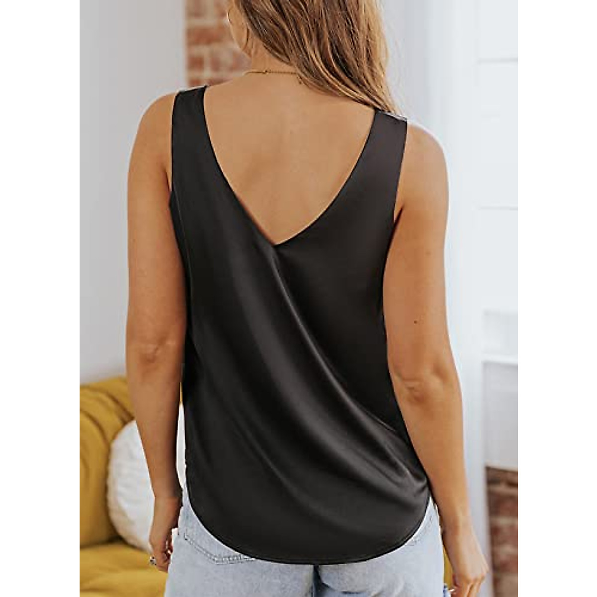 Dokotoo Black Tank Top Women 2023 V Neck Satin Long Flowy Womens Tank Tops Loose Fit Silk Dressy Camisole Black Medium