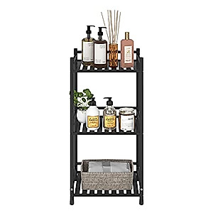 FKUO 3 Tier Bathroom Storage Open Shelf Unit, Free-Standing Metal Corner Rack Shelving for Kitchen, Living Room, Hallway (Matte Black, 3 Tier)