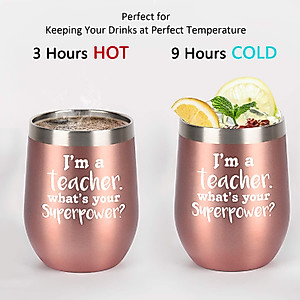 Lifecapido Teacher's Day Idea for Teacher Professor Women, Wine Tumbler with Lid and Straw, I'm A Teacher Stainless Steel Wine Tumbler Funny Teacher Appreciation Idea(12 Oz, Rose Gold)