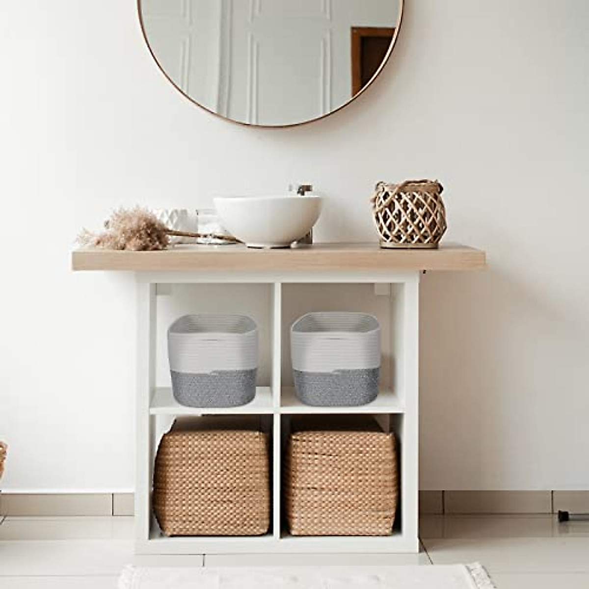 AUSSIY 3 Pack Rope Baskets for Storage Basket, Cotton Rope Woven Basket with Handles. Blanket Basket for Storing Clothes, Toys, Books, Shelves etc, 15''L x 10''W x 9.5''H, Gray/White