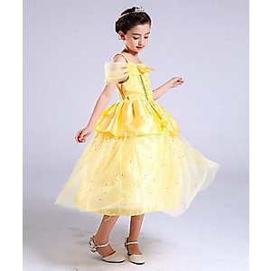 Little Girls Yellow Roses Princess Costume Dress Off Shoulder Layered Dress up (4-5 Years)