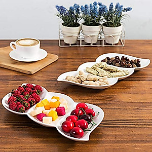 MyGift Set of 2 White Ceramic Relish Tray Appetizer Serving Platter with Wave Design, Divided Snack Tray, Charcuterie, Food, Dessert Platters, 13.5 x 6.5 Inch