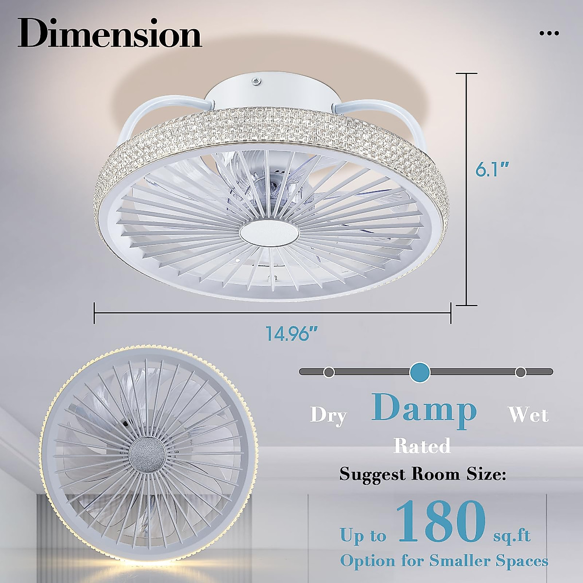 MADSHNE Low Profile Flush Mount Ceiling Fans with Lights and Remote,15'' Small Modern Enclosed Bladeless Ceiling Fans, Mini White LED Ceiling Lighting Fixture