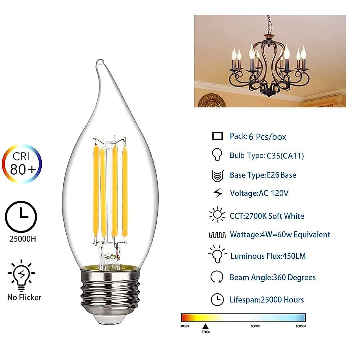 KGC LED Candelabra Bulb, 2700K Warm White 450LM, LED Dimmable Edison Bulb,4.5W Equivalent to 60W, E26 Medium Base LED Candle Bulbs, CA11/C35 Clear Glass Flame Shape Bent Tip - 6 Pack