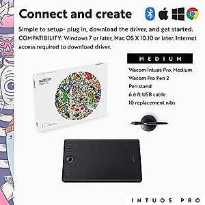 Wacom Intuos Pro Medium Bluetooth Graphics Drawing Tablet, 8 Customizable ExpressKeys, 8192 Pressure Sensitive Pro Pen 2 Included, Compatible with Mac OS and Windows,Black