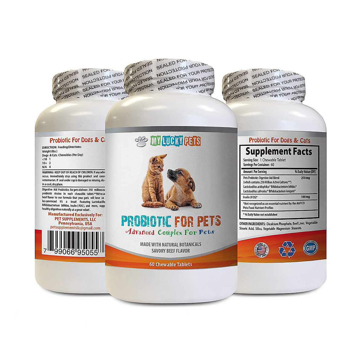 MY LUCKY PETS LLC cat probiotic Chews - PET PROBIOTIC - Dogs and Cats - Digestive Boost - GET RID of Bad Breath and Stop Diarrhea - cat Beef Treats - 1 Bottle (60 Treats)