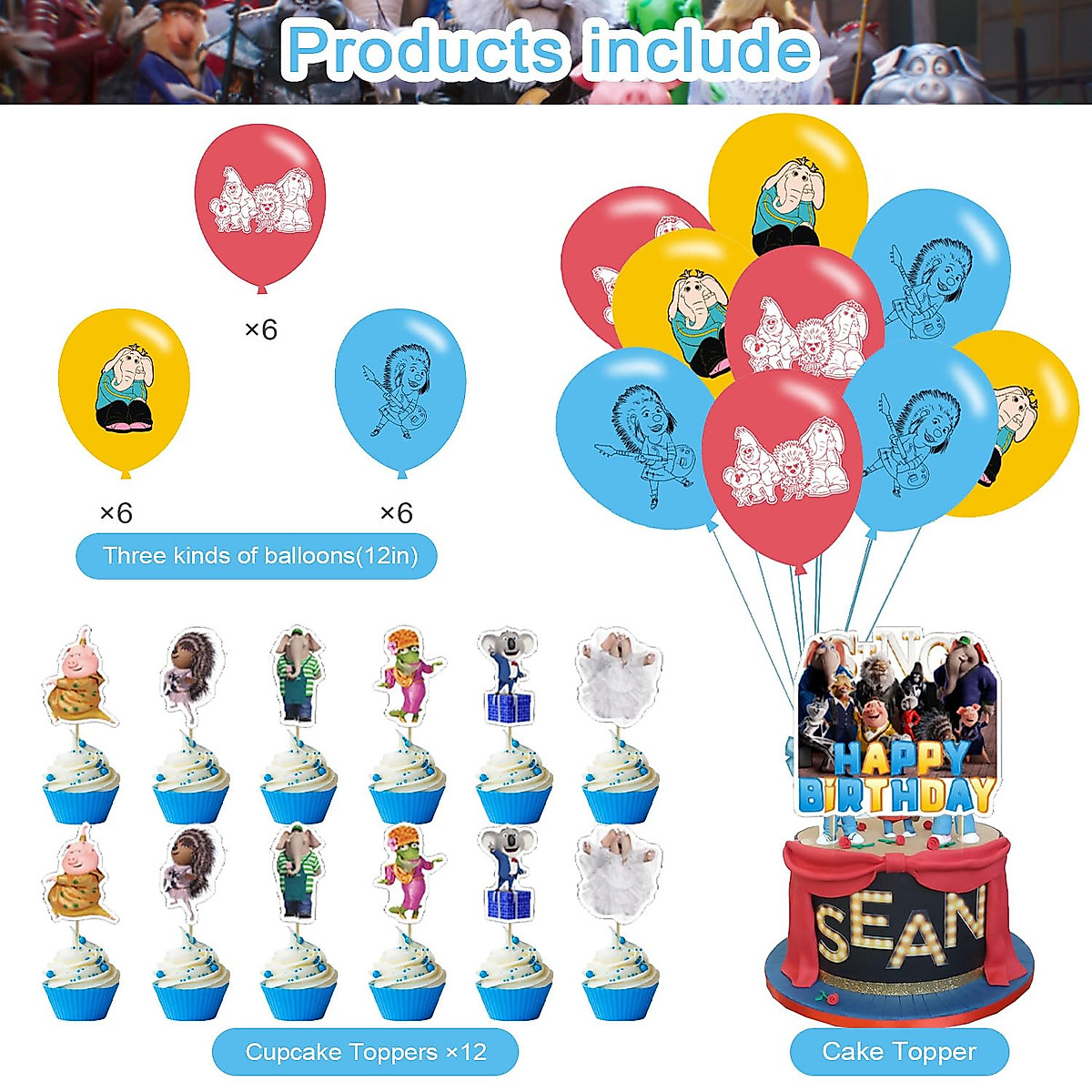 32 Pcs ???? Movie Birthday Party Decorations,Party Supply Set for Kids with Banner - Cake Topper - 12 Cupcake Toppers - 18 Balloons for Cartoon Movie Party Decorations