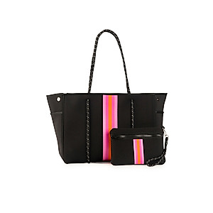 Haute Shore - Greyson Rave Neoprene Tote Bag w/Zipper Wristlet Inside, Black W/Hot Pink Orange