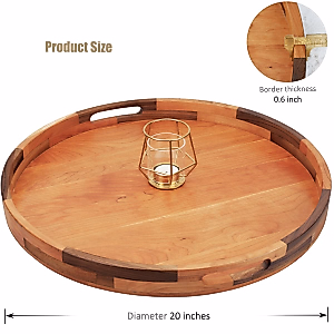 MAGIGO 20 Inches Large Round Cherry Wood Ottoman Tray with Handles, Serve Tea, Coffee or Breakfast in Bed, Classic Circular Wooden Decorative Serving Tray