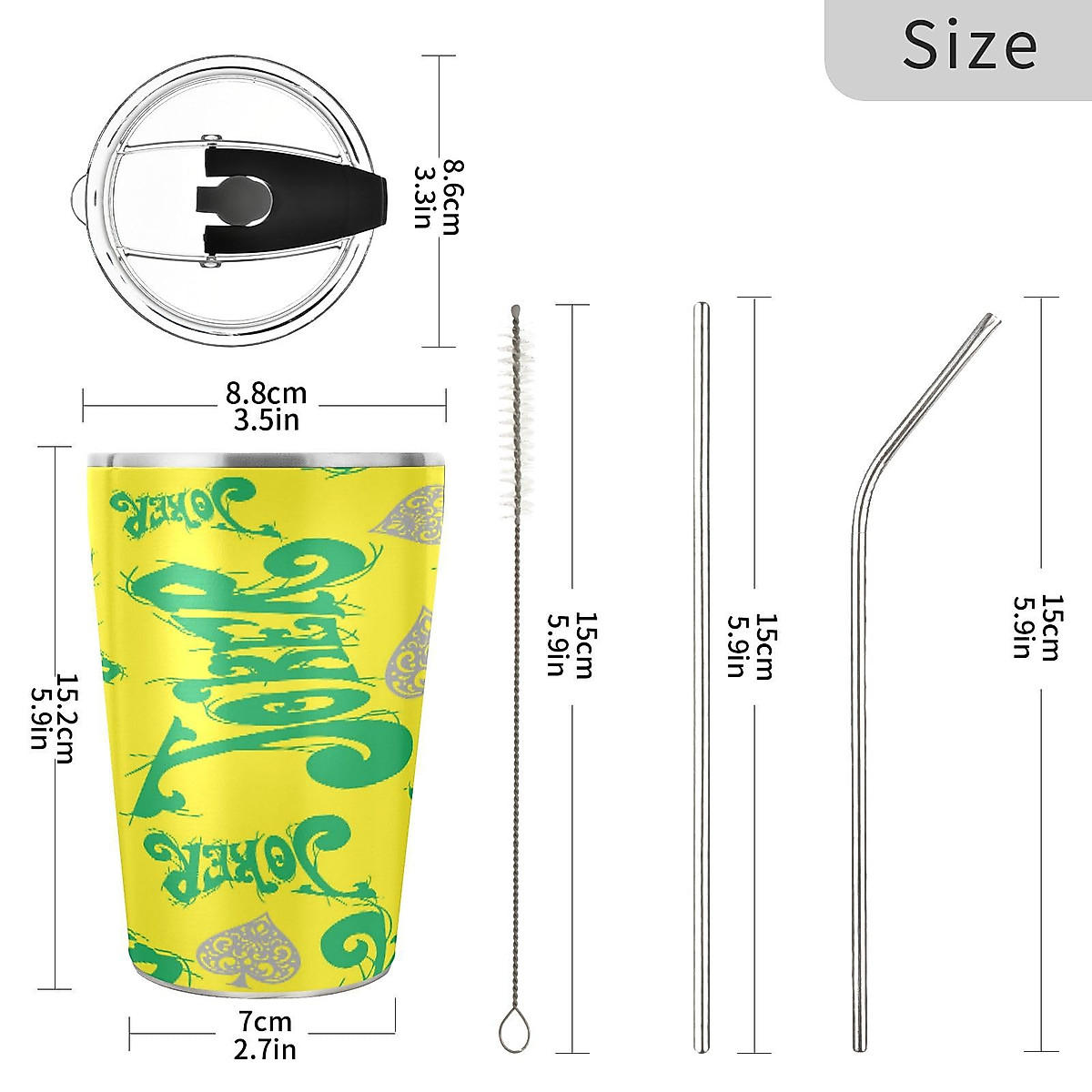Joker Green Yellow Poker Card Tumbler Stainless Steel Insulated Cup Travel Mug for Coffee Double Wall Vacuum Thermos with Straw and Lid 20oz