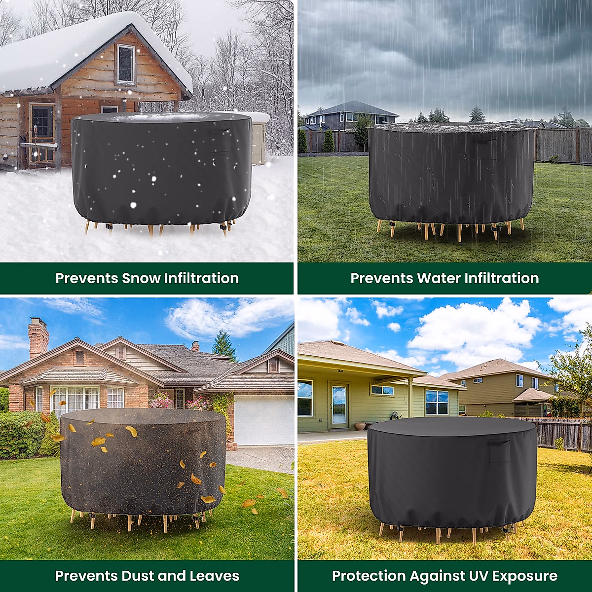 Mrrihand Round Patio Furniture Cover - Outdoor Chair Covers Waterproof Heavy Duty 600D Outdoor Table Chair Set Covers Anti-Fading Cover for Outdoor Furniture Set, 62" DIAx28 H, Black