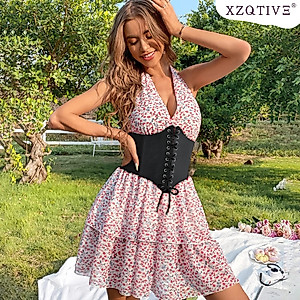 XZQTIVE Black Corset Waist Belt for Women, Wide Elastic Tie Waspie Belt for Dresses 4.7inch
