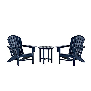 WO Outdoor Adirondack Chair w Side Table 3-PCS Set Loungers Seats Traditional Retro Outdoor Furniture Aesthetic for Beach, Balcony, Home, Backyard, Lawn, Patio, Pool, Deck, Garden (Navy Blue)